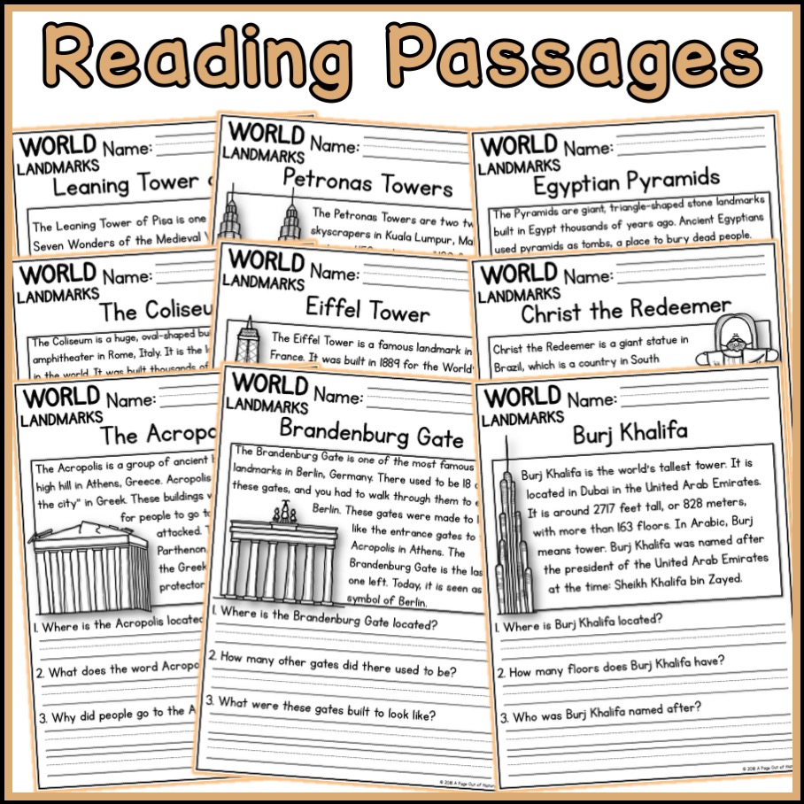 Famous World Landmarks Social Studies Reading Comprehension Passages K ...