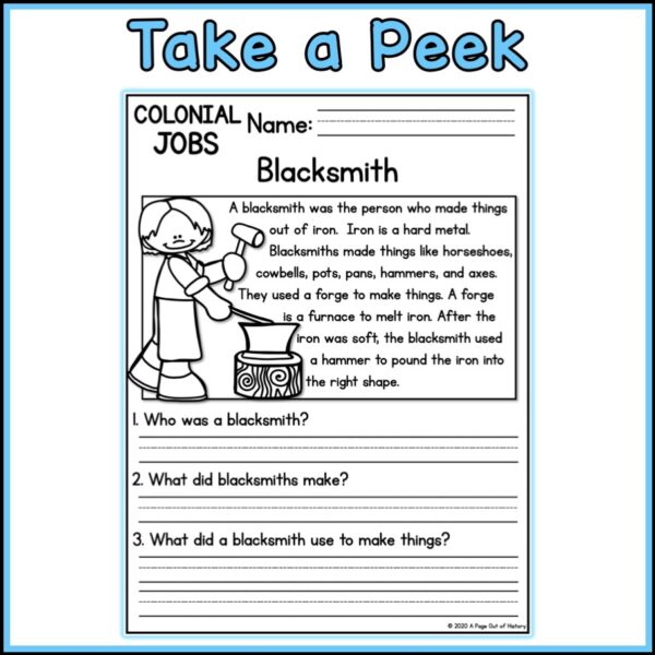 Colonial Jobs Social Studies Reading Comprehension Passages K-2 | Made ...