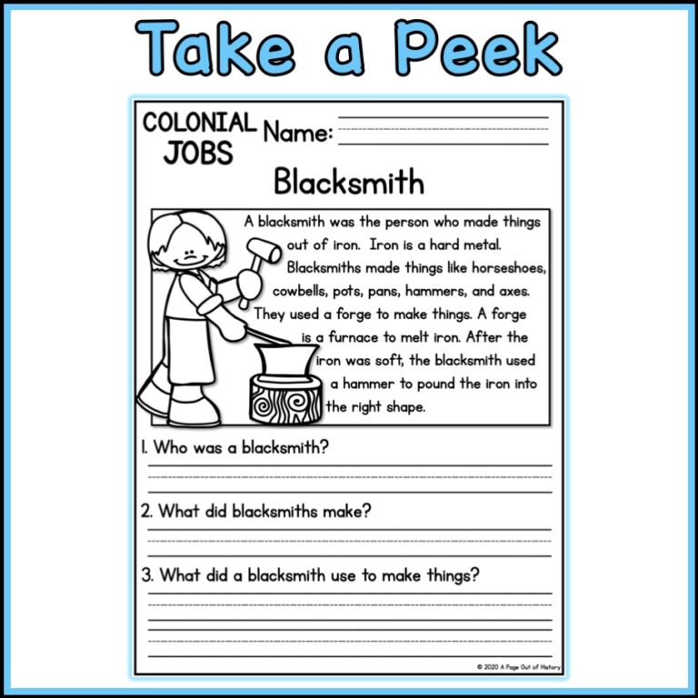 Colonial Jobs Social Studies Reading Comprehension Passages K-2 - Made ...