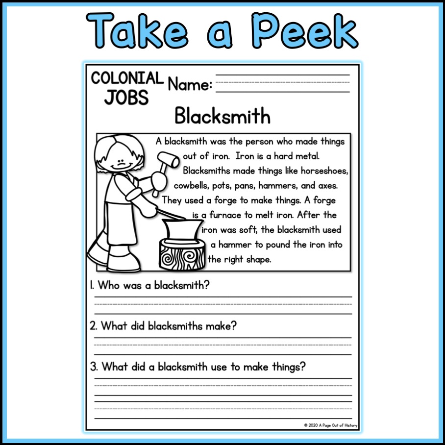 Colonial Jobs Social Studies Reading Comprehension Passages K-2 | Made ...