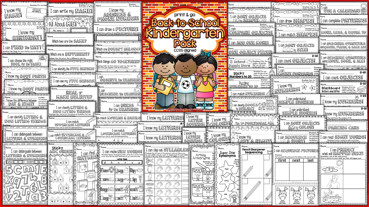 Back to School Kindergarten Pack, Print & Go, No Prep, CCSS Aligned ...