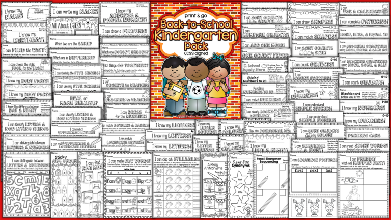 Back to School Kindergarten Pack, Print & Go, No Prep, CCSS Aligned ...