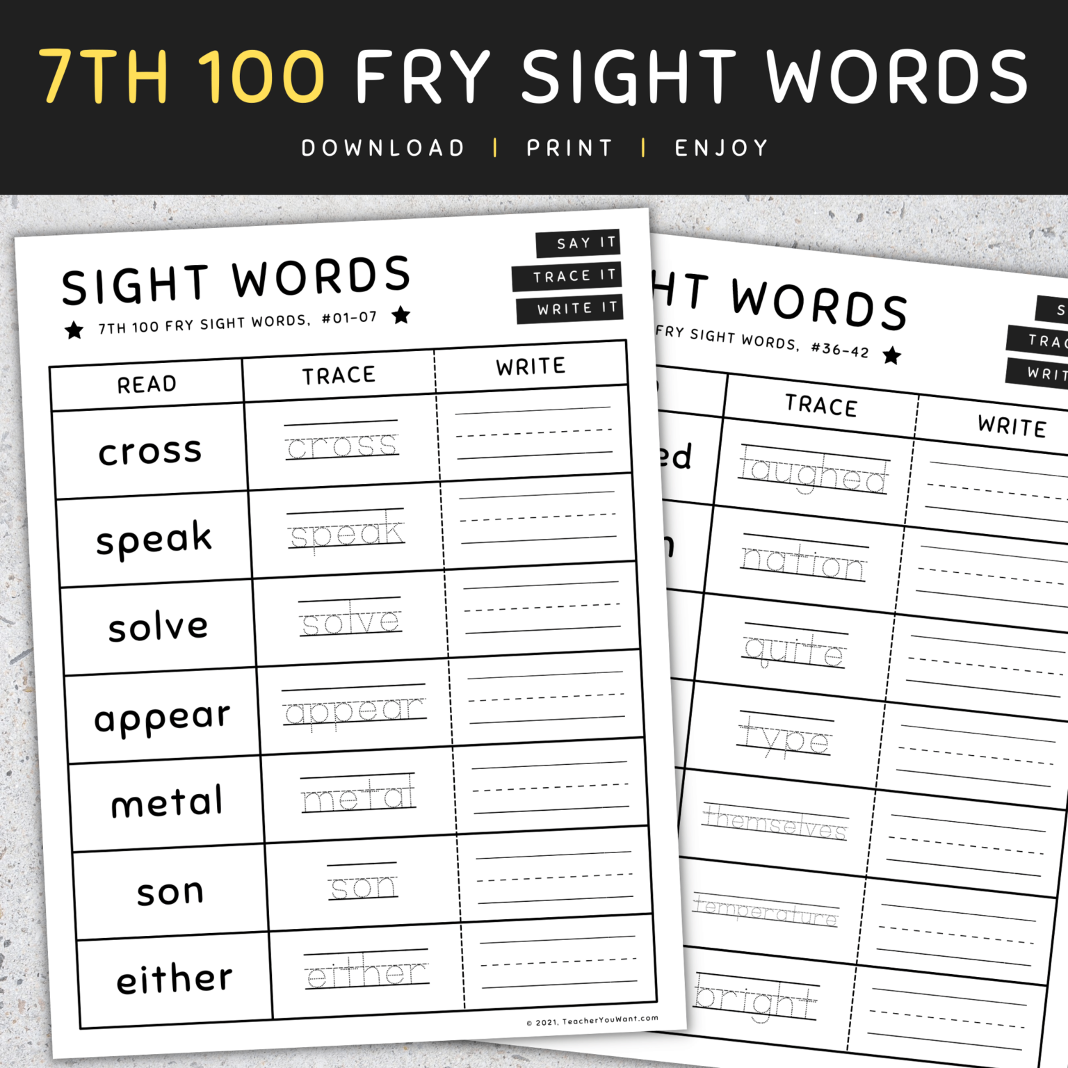 7th 100 Fry Sight Words: Fry's Seventh 100 Sight Words Worksheets, [SET ...