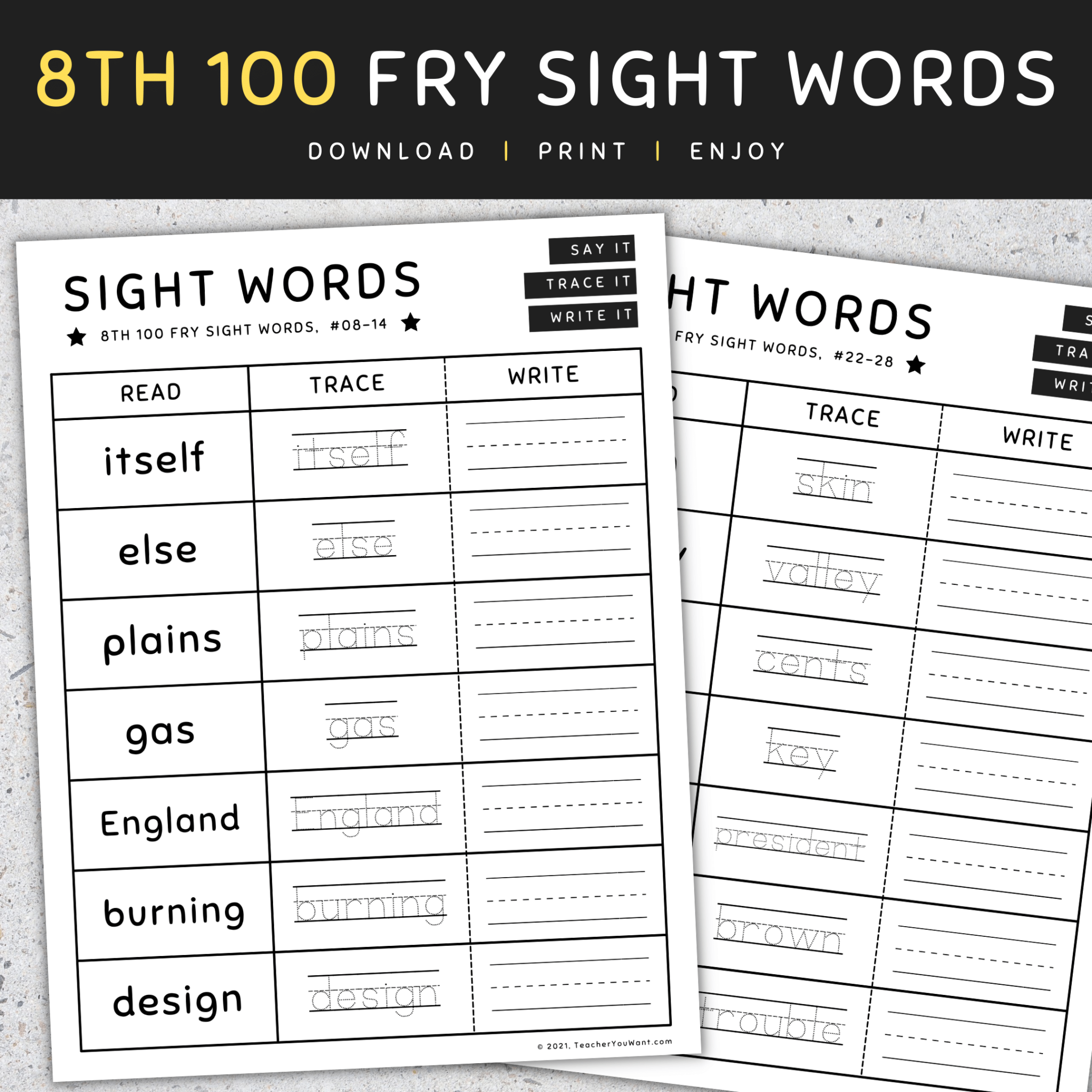 9th 100 Fry Sight Words: Fry's Ninth 100 Sight Words Worksheets, [SET 1 ...