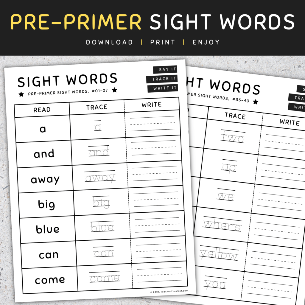 Pre-primer Sight Words: Pre-K Read, Trace and Write Worksheets, [SET 4 ...