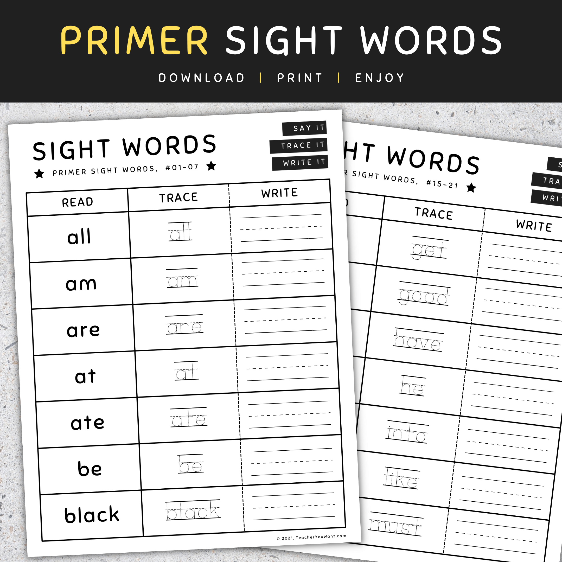 Primer Sight Words: Kindergarten Read, Trace and Write Worksheets, [SET ...