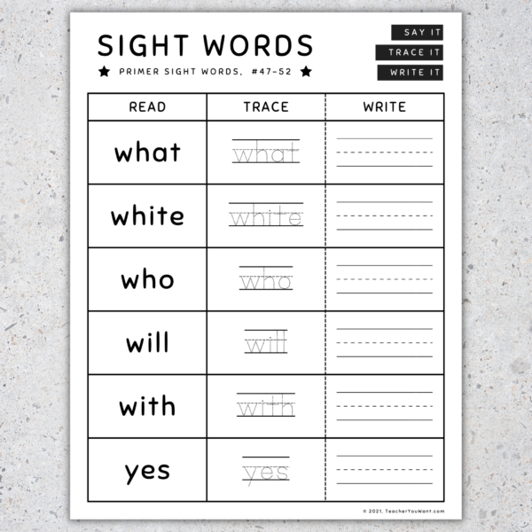 Primer Sight Words: Kindergarten Read, Trace and Write Worksheets, [SET ...