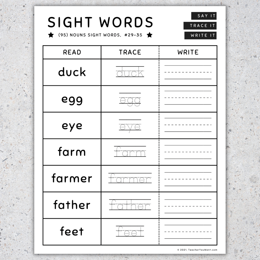 95 Nouns Sight Words: Read, Trace & Write Worksheets & Activities, [SET ...
