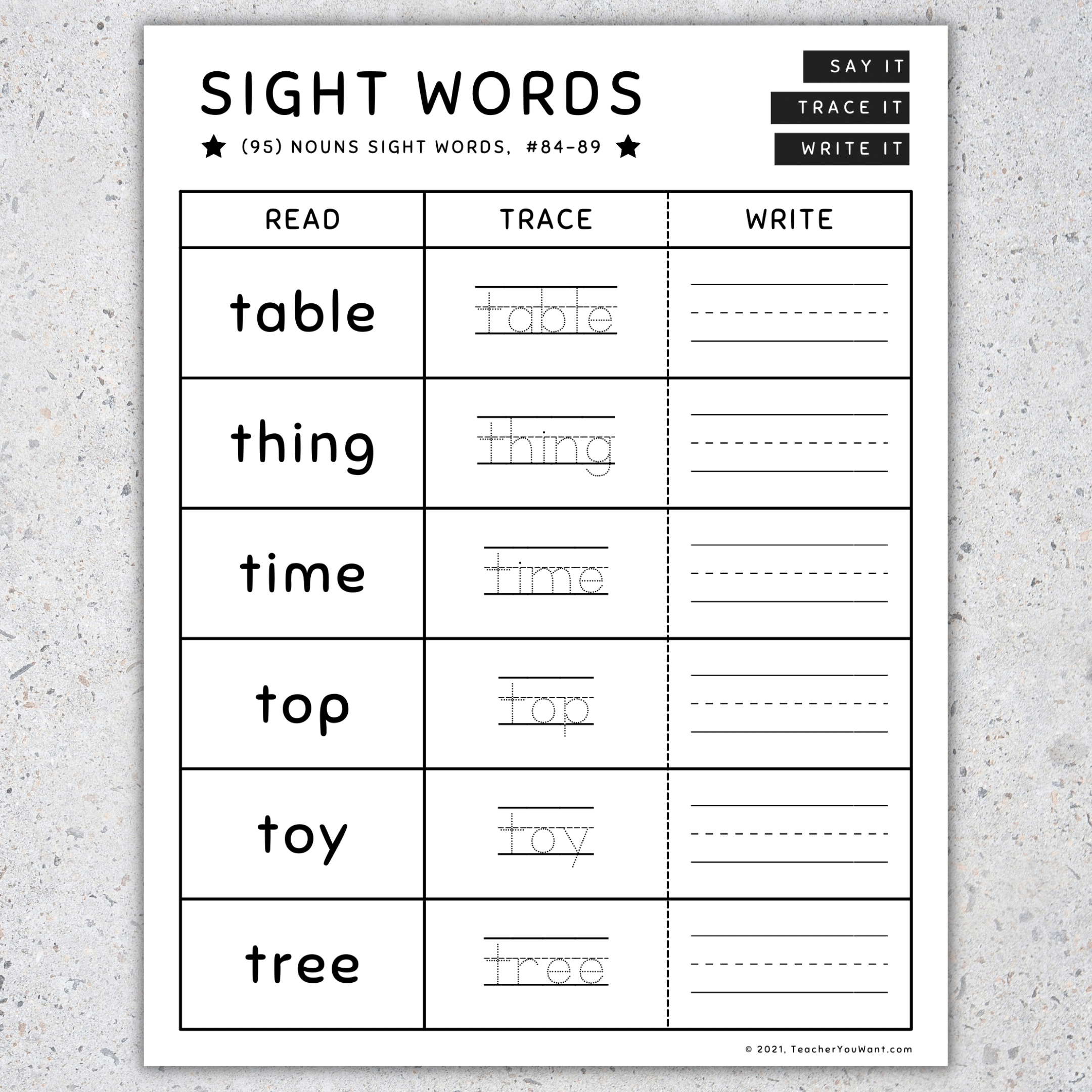 95 Nouns Sight Words: Read, Trace & Write Worksheets & Activities, [SET ...