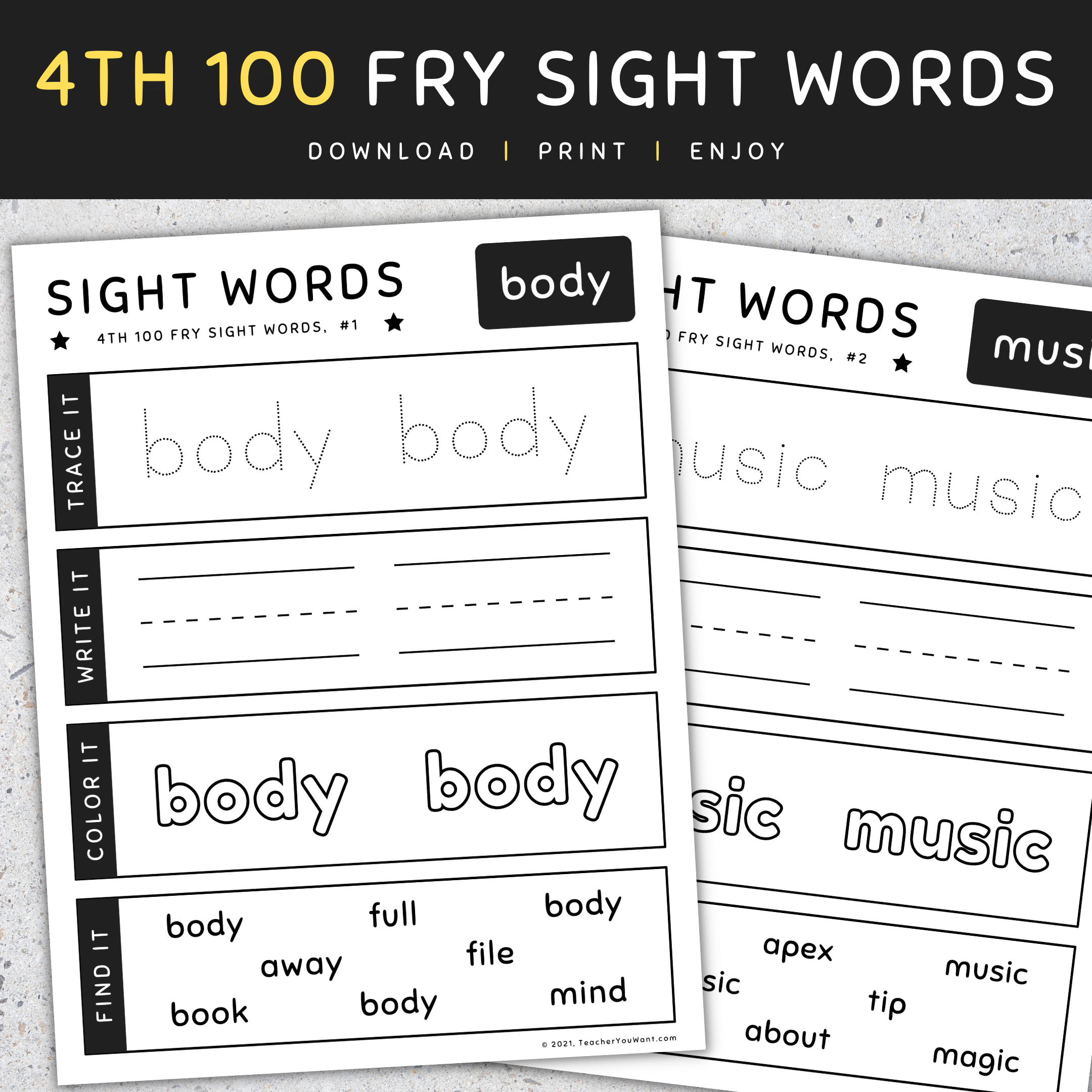4th 100 Fry Sight Words: Trace, Write, Color, & Find It Worksheets ...
