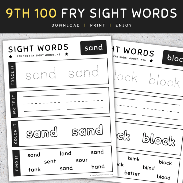9th 100 Fry Sight Words: Trace, Write, Color, & Find It Worksheets ...