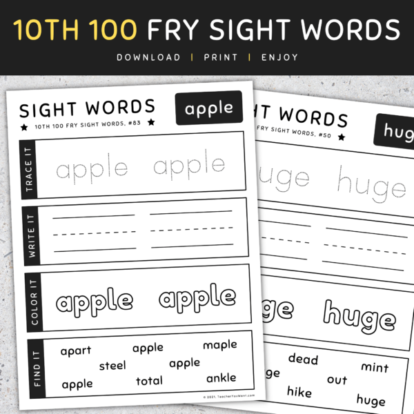 10th 100 Fry Sight Words: Trace, Write, Color & Find It Worksheets ...