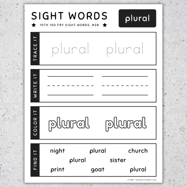 10th 100 Fry Sight Words: Trace, Write, Color & Find It Worksheets ...