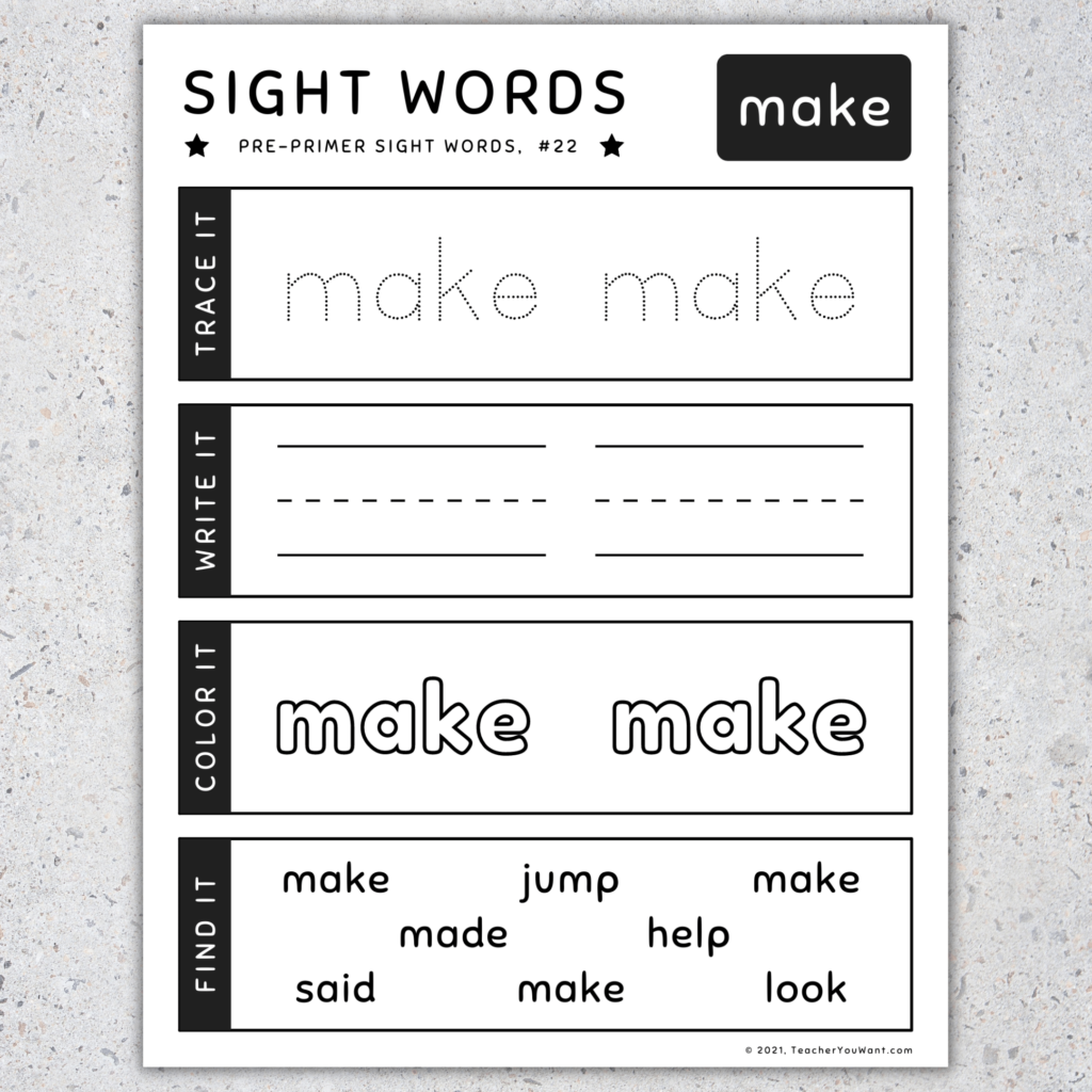 Pre-Primer Sight Words: Trace, Write, Color & Find It Worksheets, [SET ...