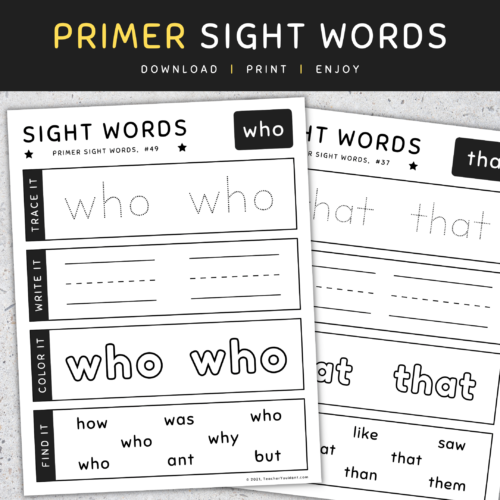 Primer Sight Words: Trace, Write, Color & Find It Worksheets, [SET 5 ...