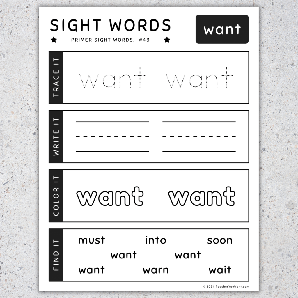 Primer Sight Words: Trace, Write, Color & Find It Worksheets, [SET 5 ...
