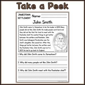 Jamestown Settlement Social Studies Reading Comprehension Passages K-2 ...
