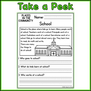 Places in the Community Social Studies Reading Comprehension Passages K ...