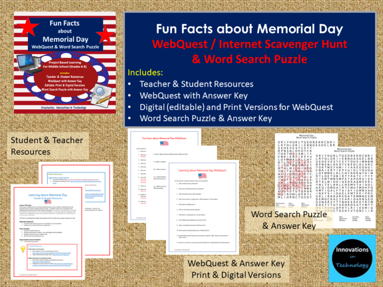 Fun Facts about Memorial Day - WebQuest & Word Search Puzzle - Made By ...