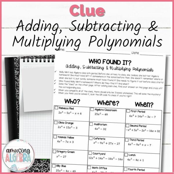 Adding, Subtracting and Multiplying Polynomials Clue Mystery Activity | Made By Teachers