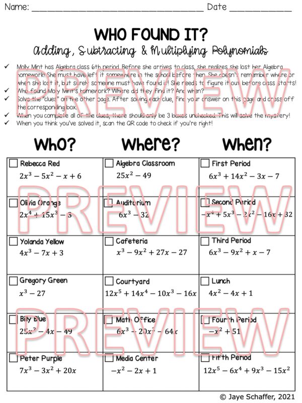 Adding, Subtracting and Multiplying Polynomials Clue Mystery Activity ...