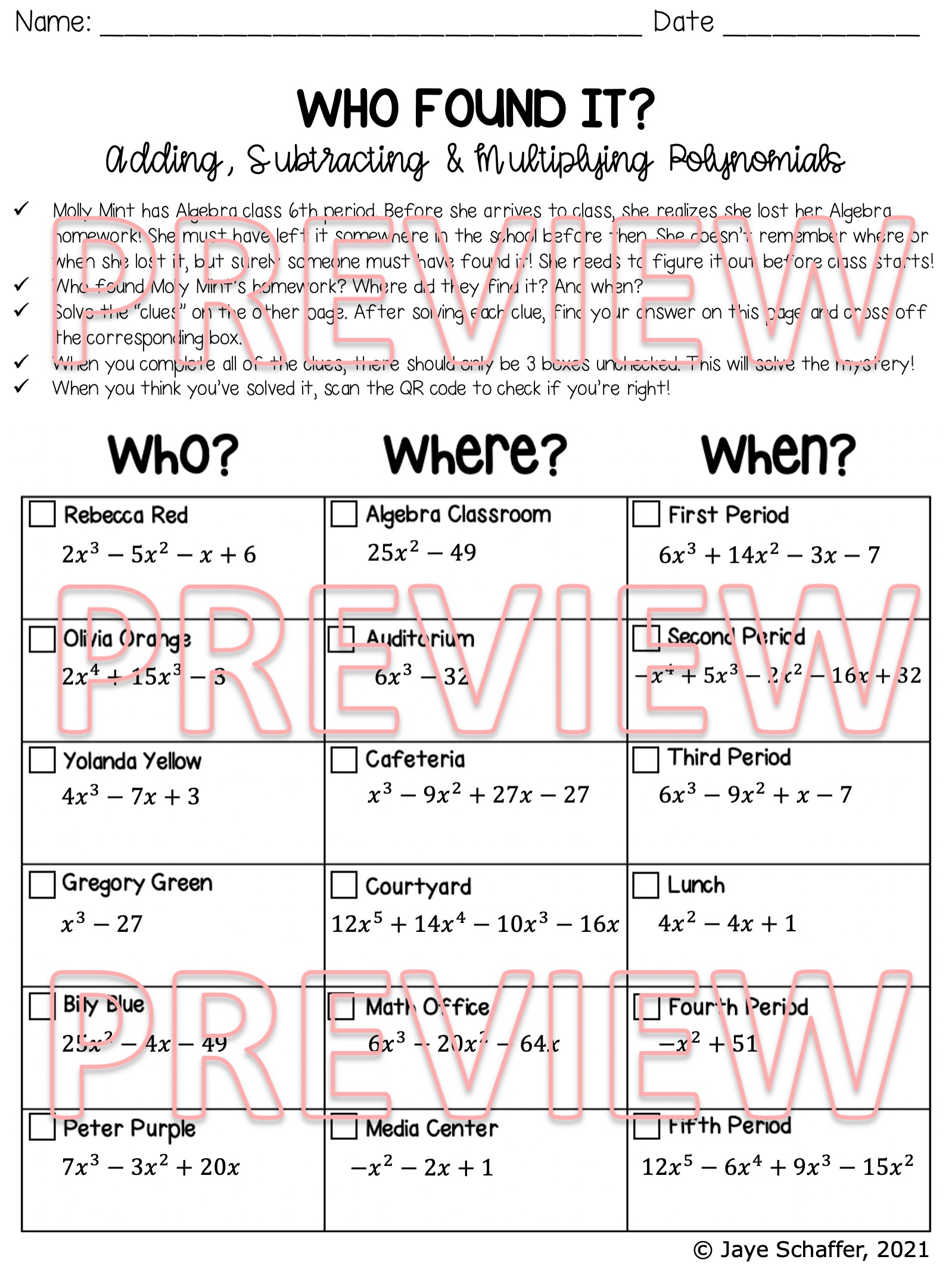 Adding Subtracting And Multiplying Polynomials Clue Mystery Activity