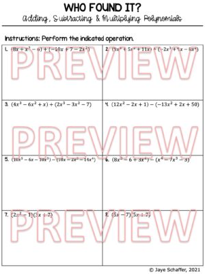 Adding, Subtracting and Multiplying Polynomials Clue Mystery Activity ...