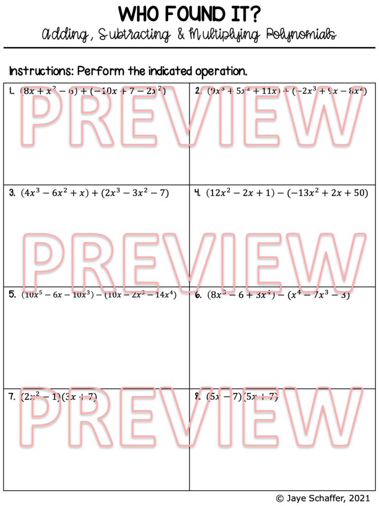 Adding, Subtracting and Multiplying Polynomials Clue Mystery Activity ...
