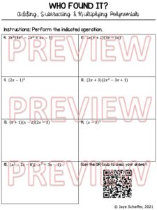 Adding, Subtracting and Multiplying Polynomials Clue Mystery Activity ...