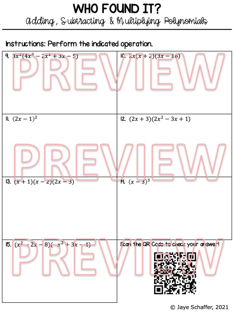 Adding, Subtracting and Multiplying Polynomials Clue Mystery Activity ...