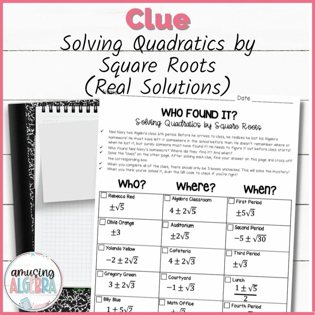 Solving Quadratics by Square Roots Clue Mystery Activity | Made By Teachers