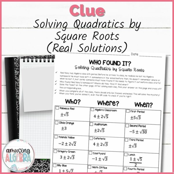 Solving Quadratics by Square Roots Clue Mystery Activity | Made By Teachers