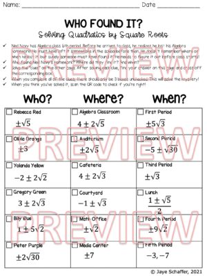 Solving Quadratics by Square Roots Clue Mystery Activity | Made By Teachers