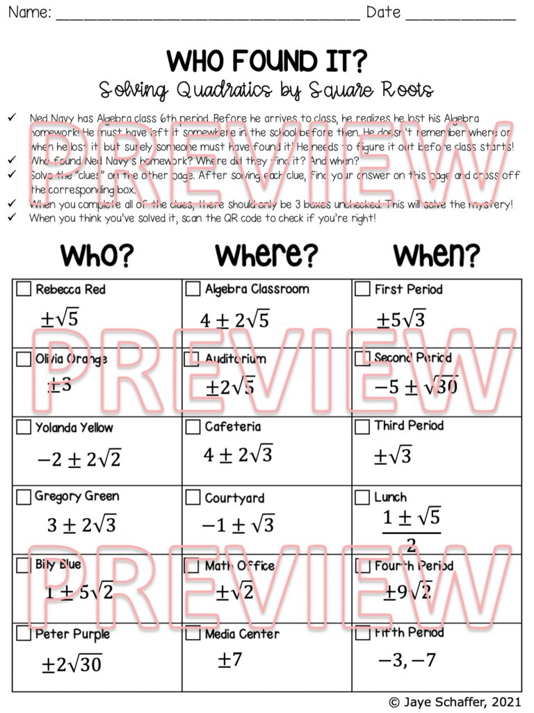 Solving Quadratics by Square Roots Clue Mystery Activity | Made By Teachers