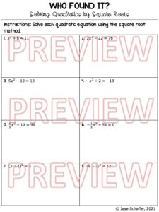 Solving Quadratics by Square Roots Clue Mystery Activity - Made By Teachers