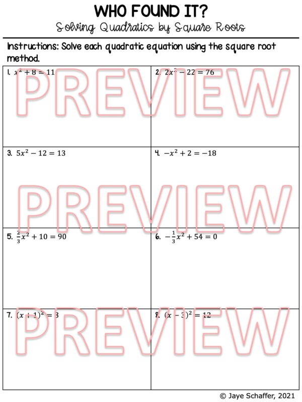 Solving Quadratics by Square Roots Clue Mystery Activity | Made By Teachers