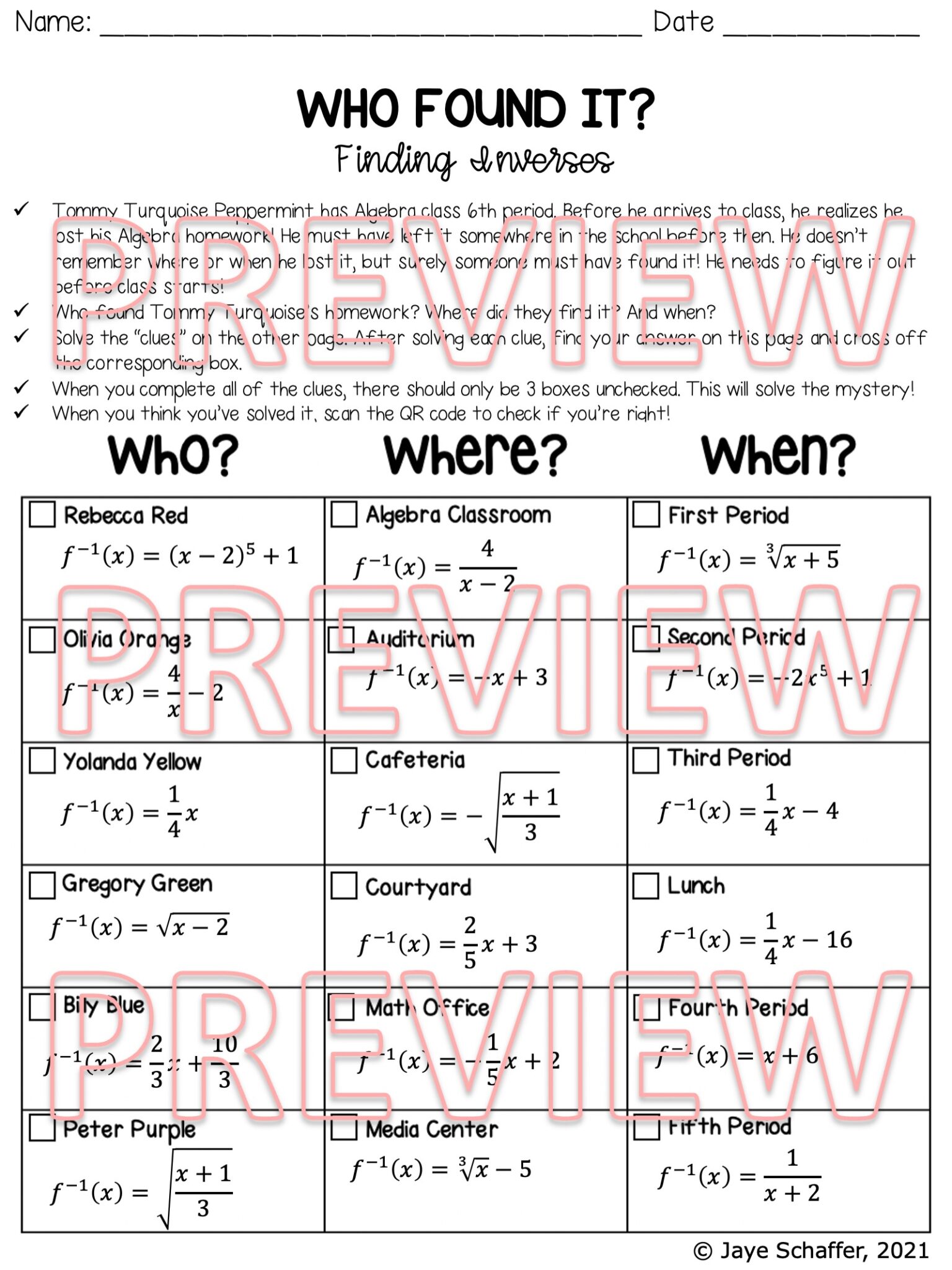 Finding Inverses of Functions Clue Mystery Activity | Made By Teachers
