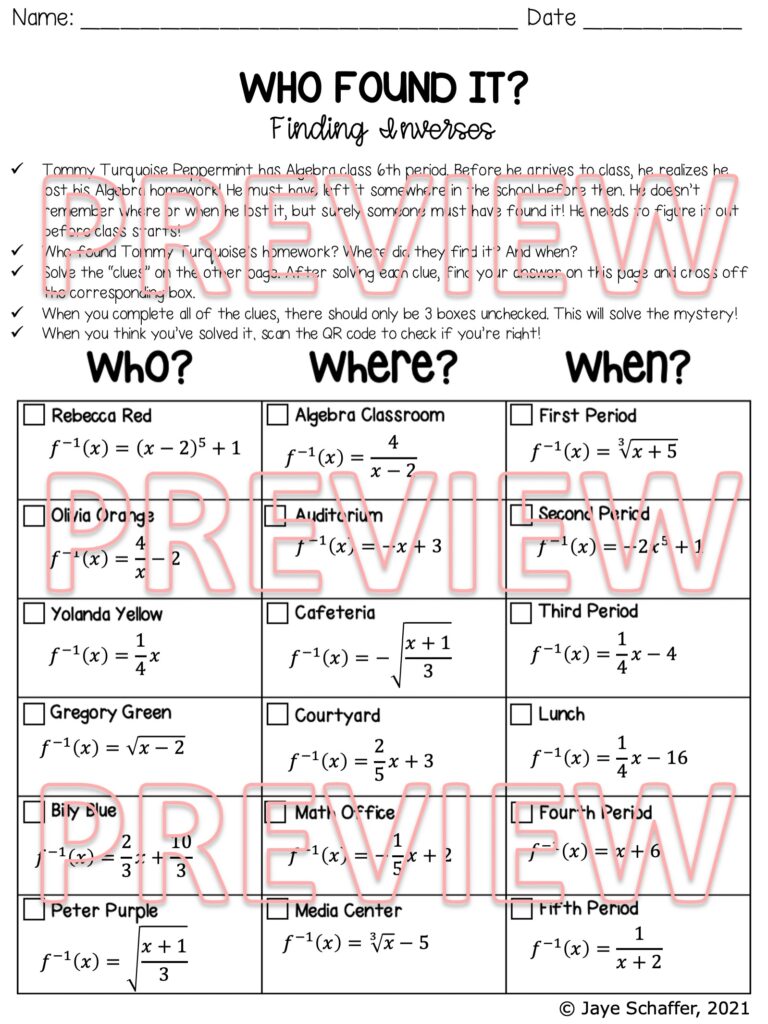 Finding Inverses of Functions Clue Mystery Activity | Made By Teachers