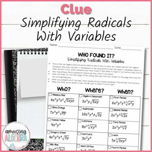 Simplifying Radicals with Variables Clue Mystery Activity | Made By ...