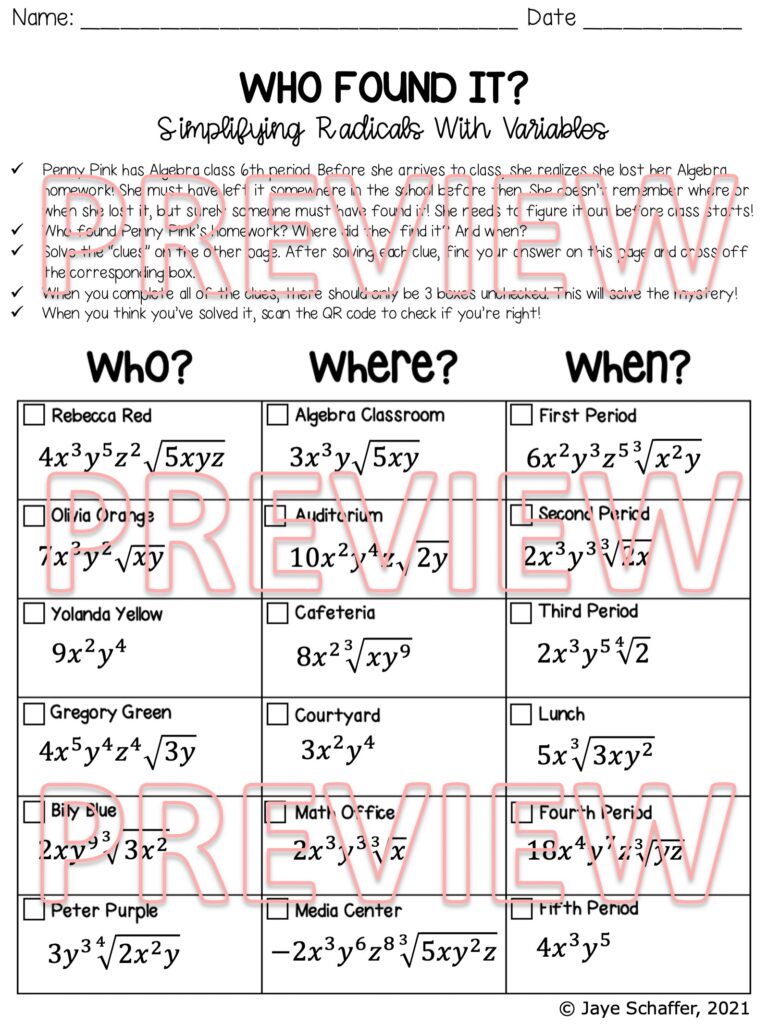Simplifying Radicals with Variables Clue Mystery Activity | Made By ...