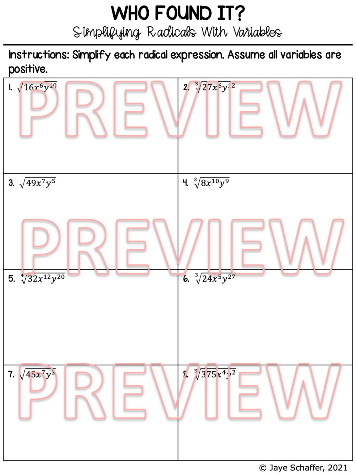 Simplifying Radicals with Variables Clue Mystery Activity | Made By ...