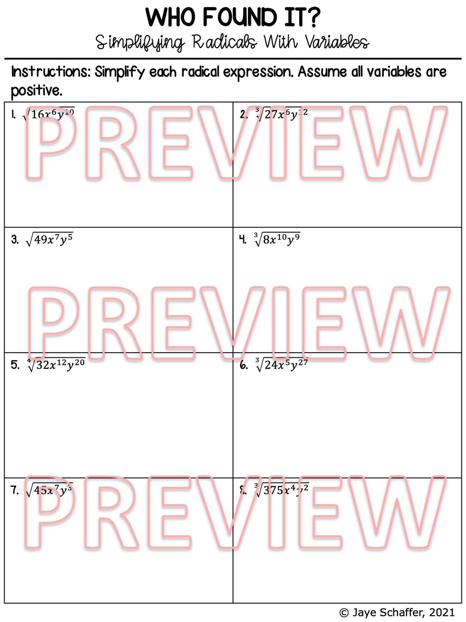 Simplifying Radicals with Variables Clue Mystery Activity | Made By ...
