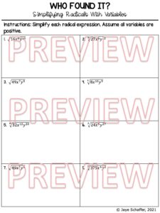 Simplifying Radicals with Variables Clue Mystery Activity | Made By ...