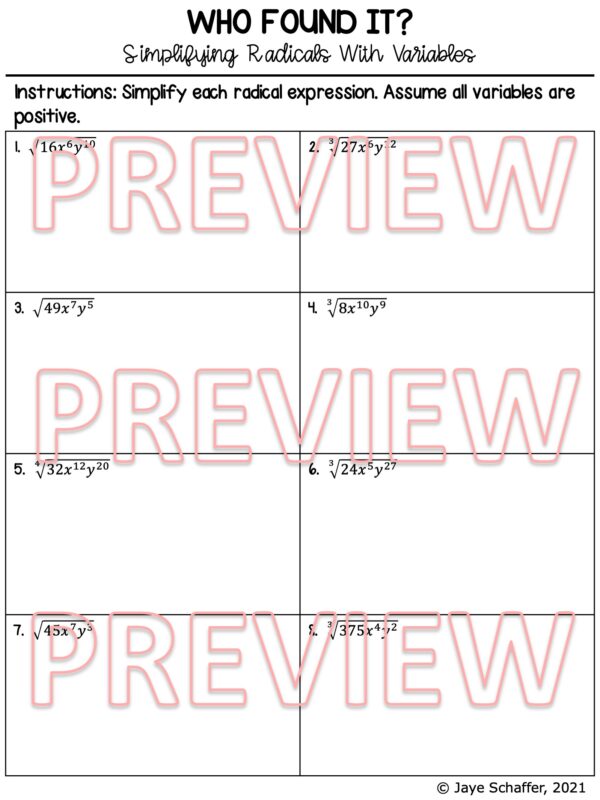 Simplifying Radicals with Variables Clue Mystery Activity | Made By ...