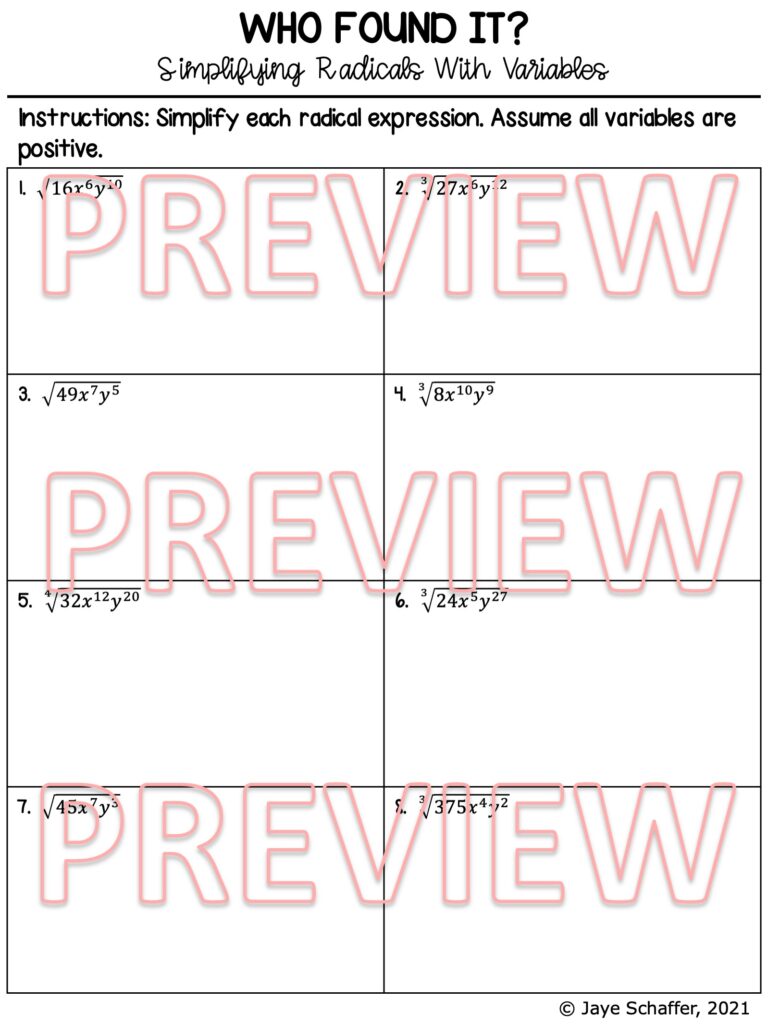 Simplifying Radicals with Variables Clue Mystery Activity | Made By ...
