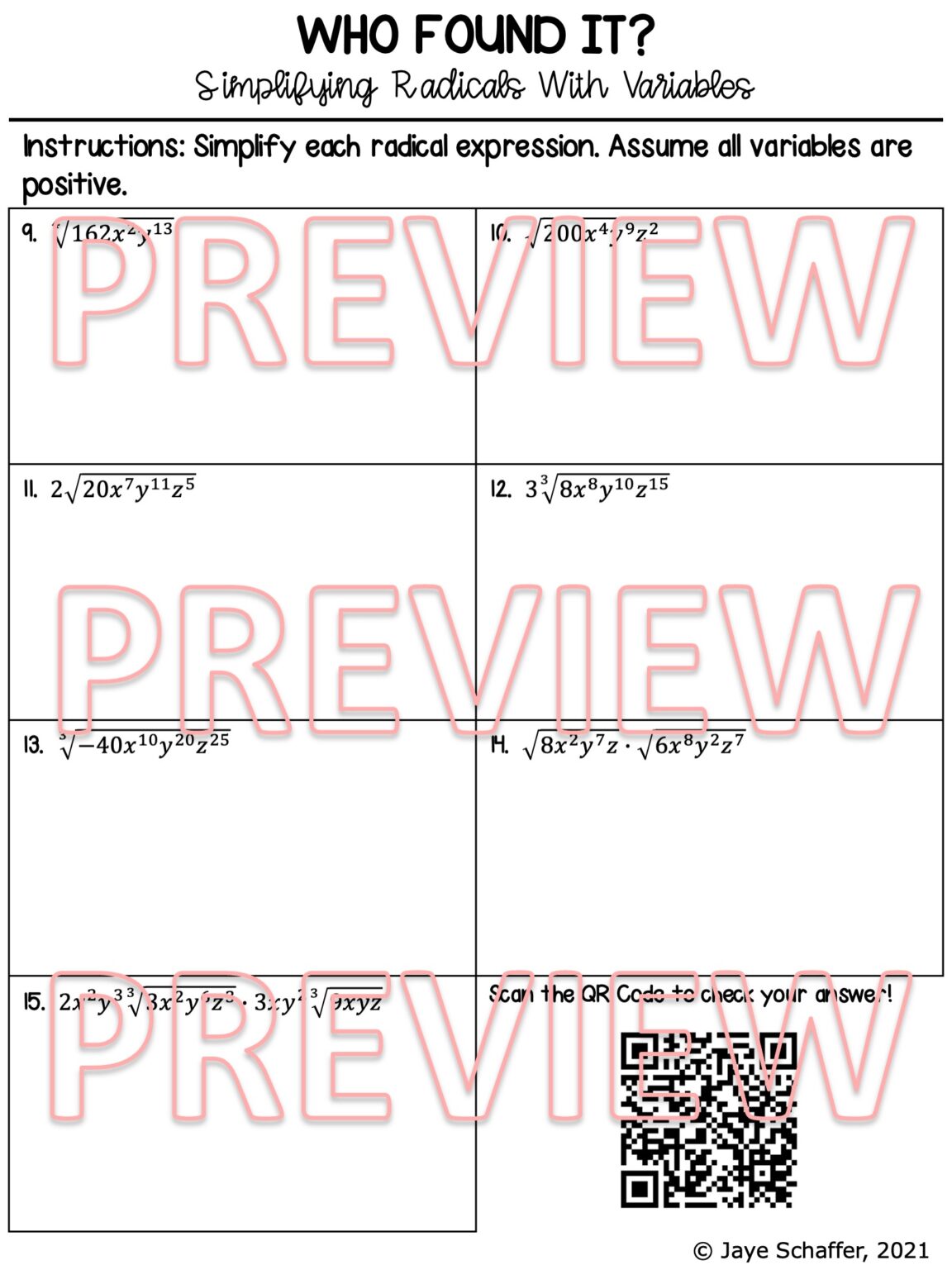 Simplifying Radicals with Variables Clue Mystery Activity | Made By ...