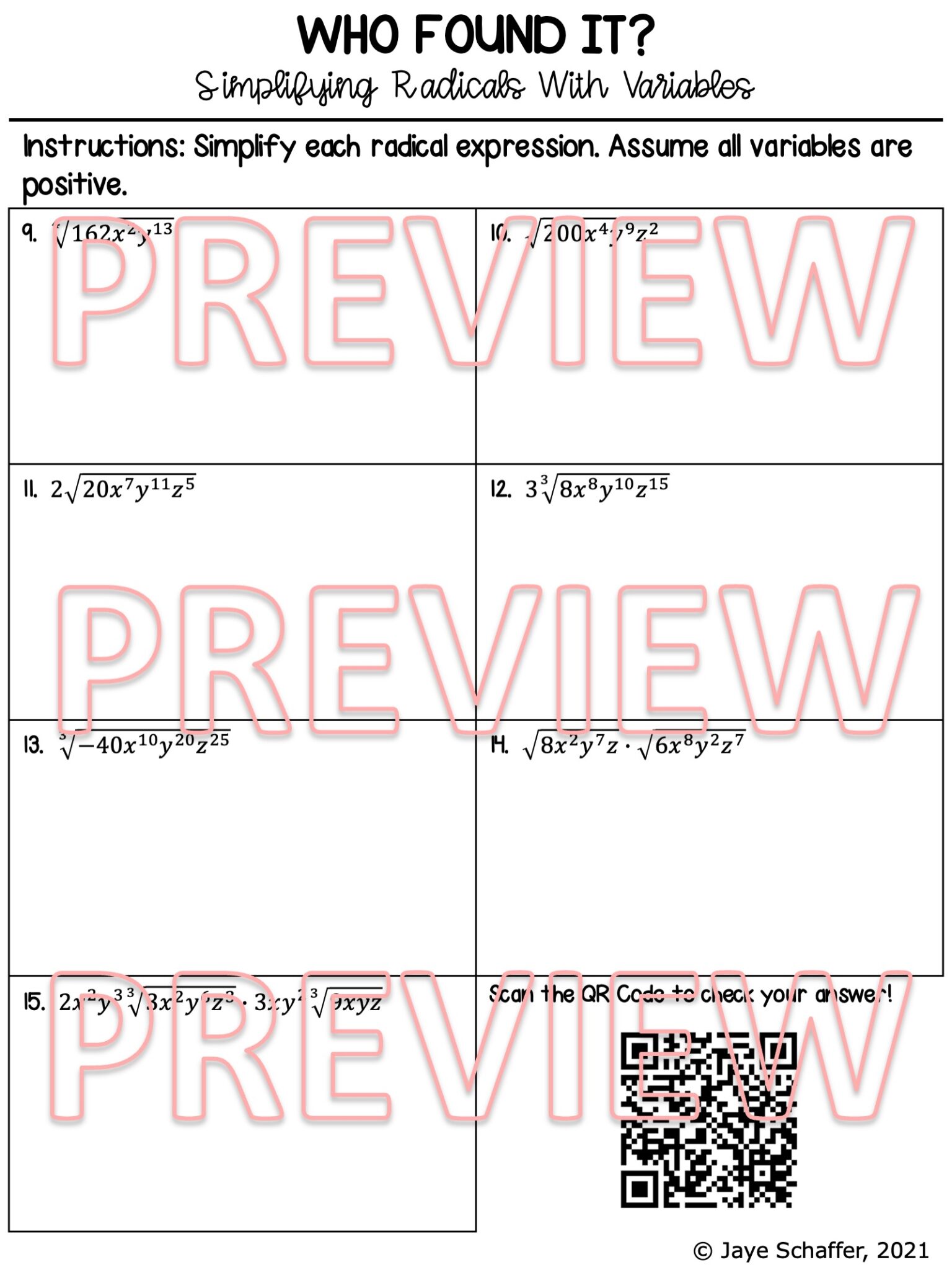Simplifying Radicals with Variables Clue Mystery Activity | Made By ...