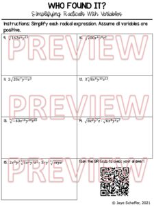Simplifying Radicals with Variables Clue Mystery Activity | Made By ...