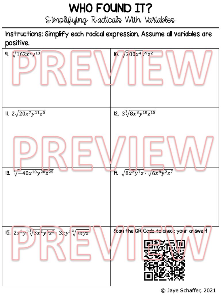 Simplifying Radicals with Variables Clue Mystery Activity | Made By ...