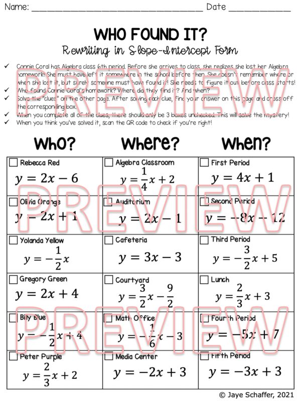 Rewriting Equations into Slope Intercept Form Clue Mystery Activity ...